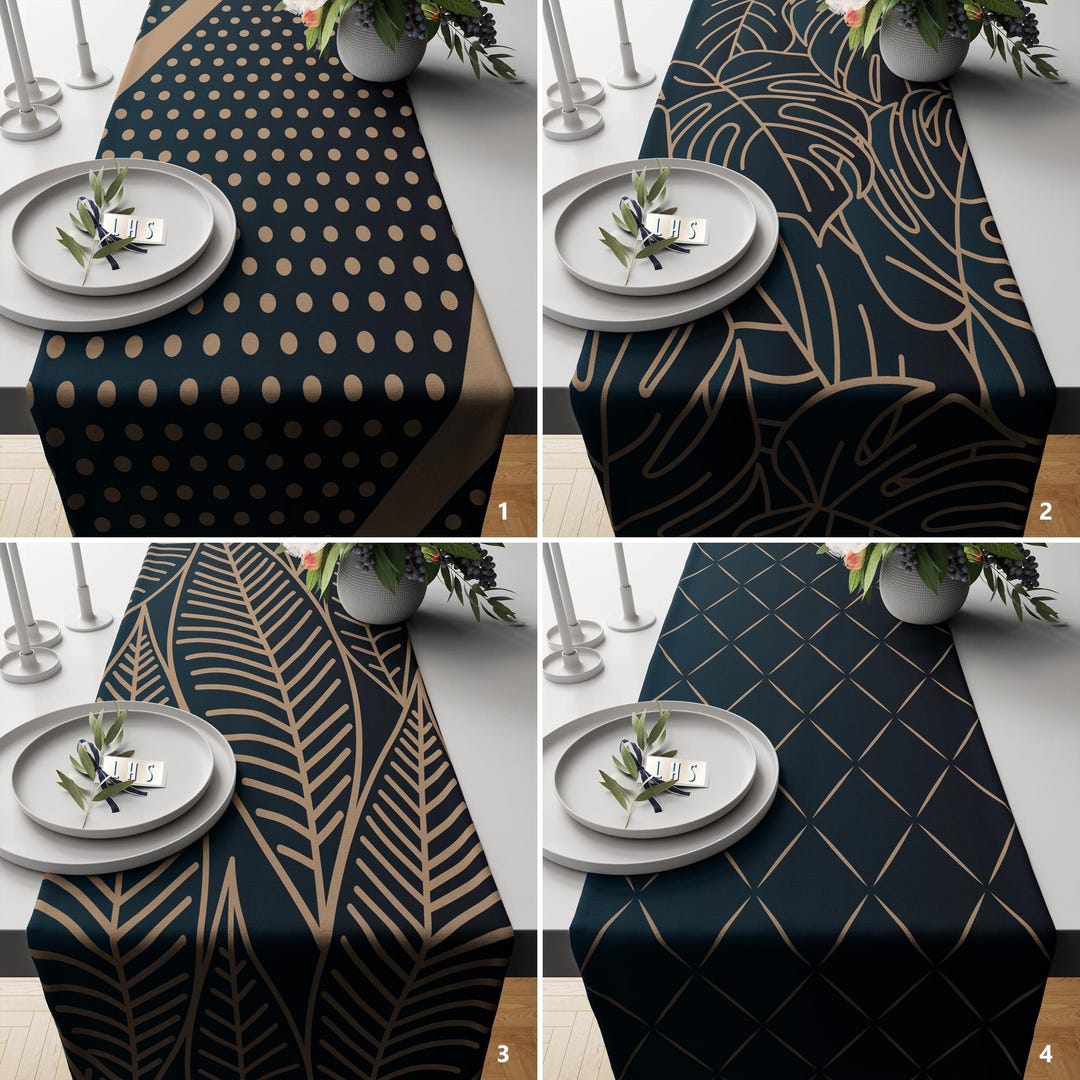 Abstract Leaf Navy Table Runner,geometric Grid Tablecloth,abstract ...