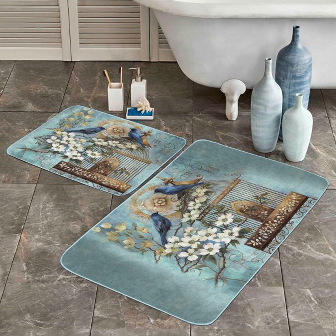 Set of 2 Floral Bath Mat,bird and Flower Print Floor Mat,decorative ...