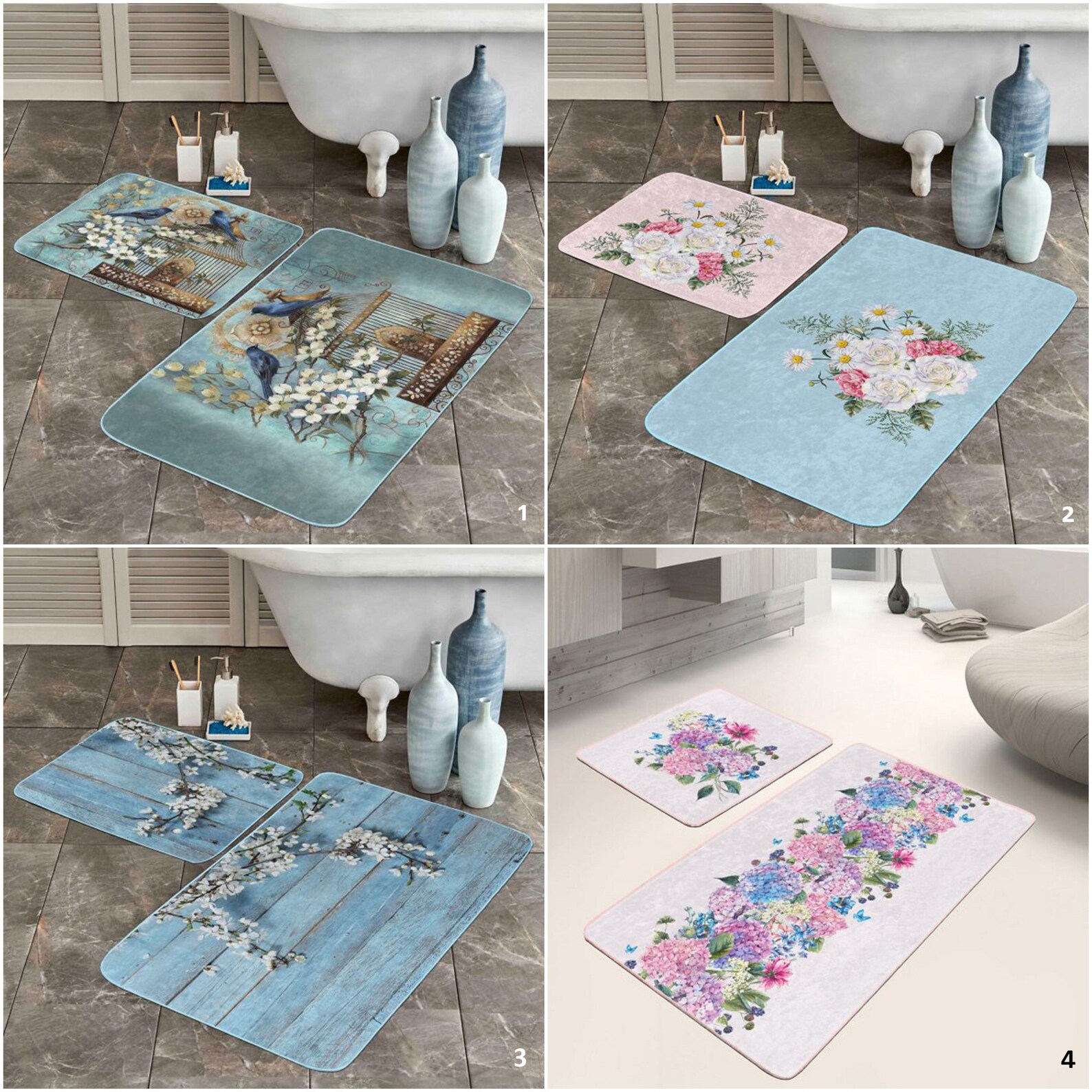 Set of 2 Floral Bath Mat,bird and Flower Print Floor Mat,decorative ...
