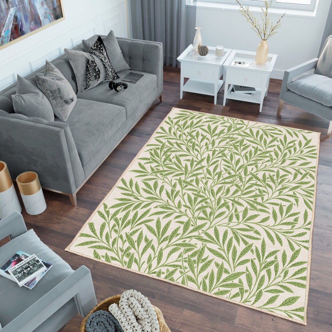 Green Leaves Print Living Room Rug,rustic Pattern Rug,machine-washable ...