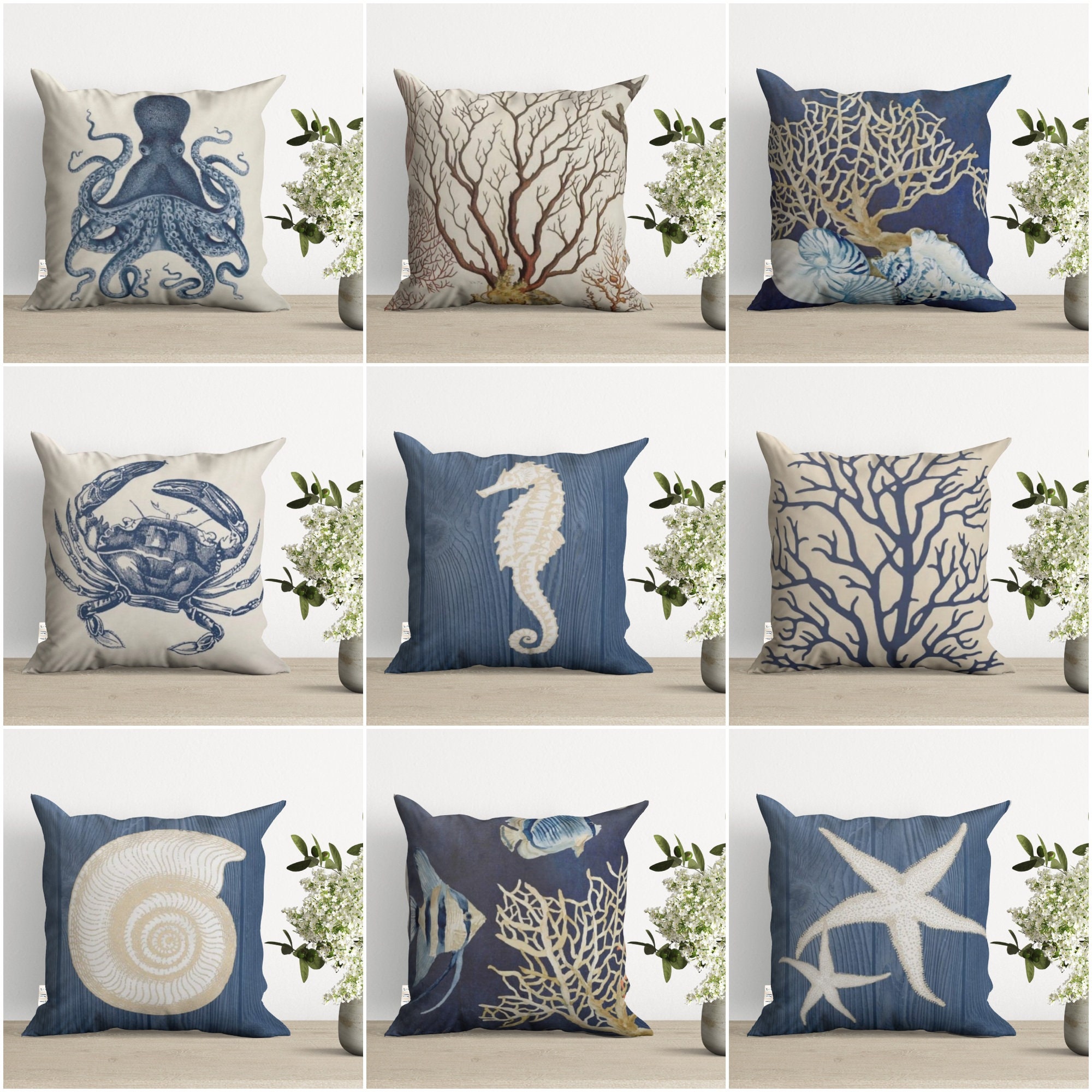 Nautical Pillow Case,seahorse and Starfish Coastal Throw Pillow Cover ...