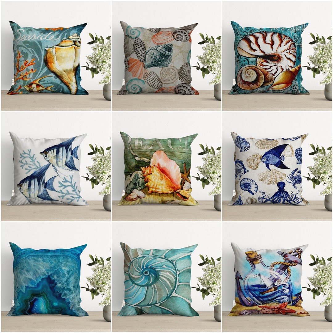 Seaside Pillow Case,sea Shell Cushion,coastal Cushion Case,aqua Marine ...
