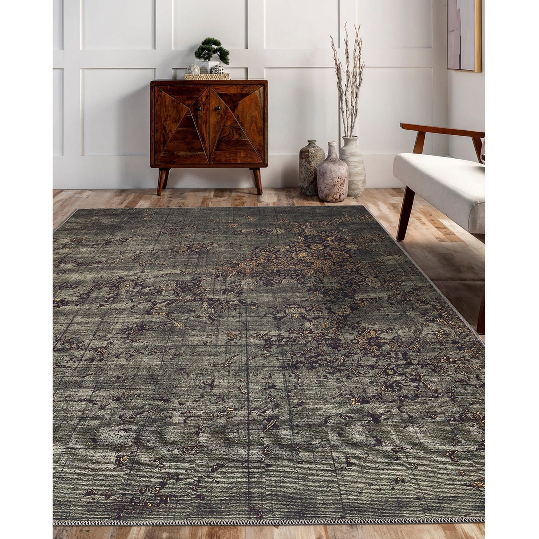 Vintage Looking Rug,ethnic Worn Looking Dark Green Carpet,machine ...