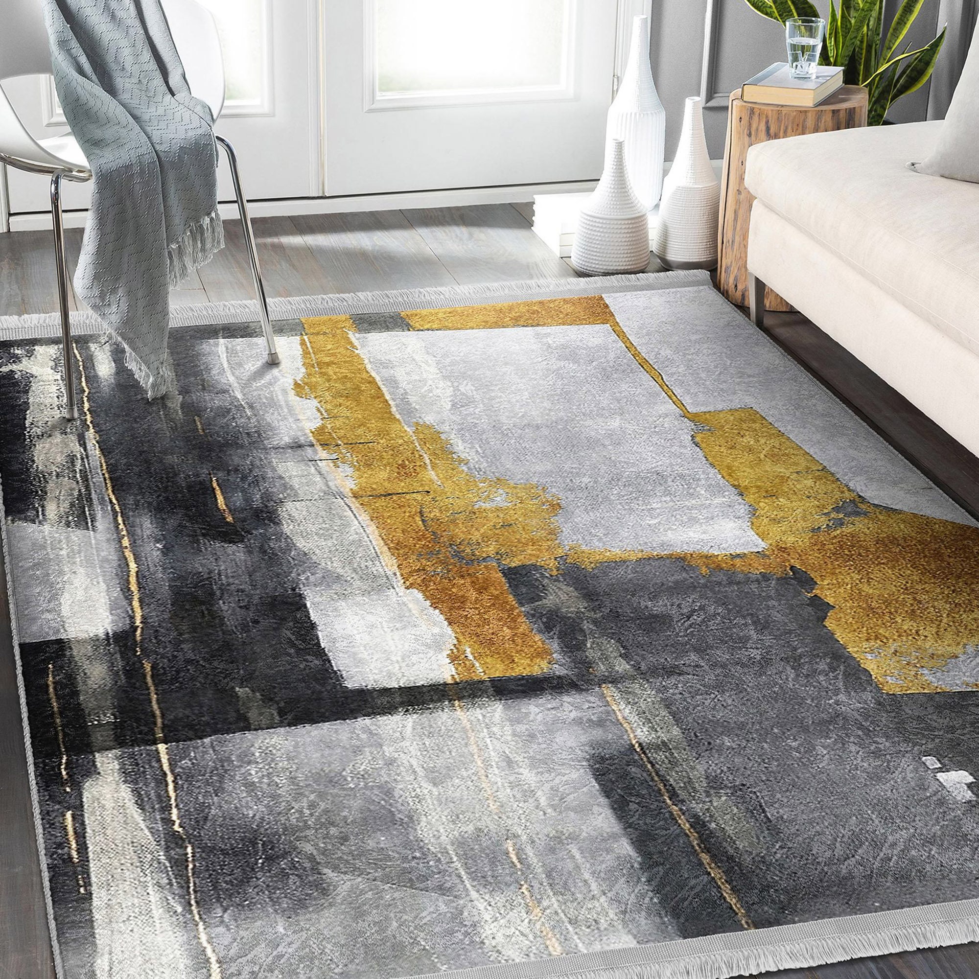 Abstract Hallway Rug,gray Yellow Carpet,machine-washable Fringed Non ...