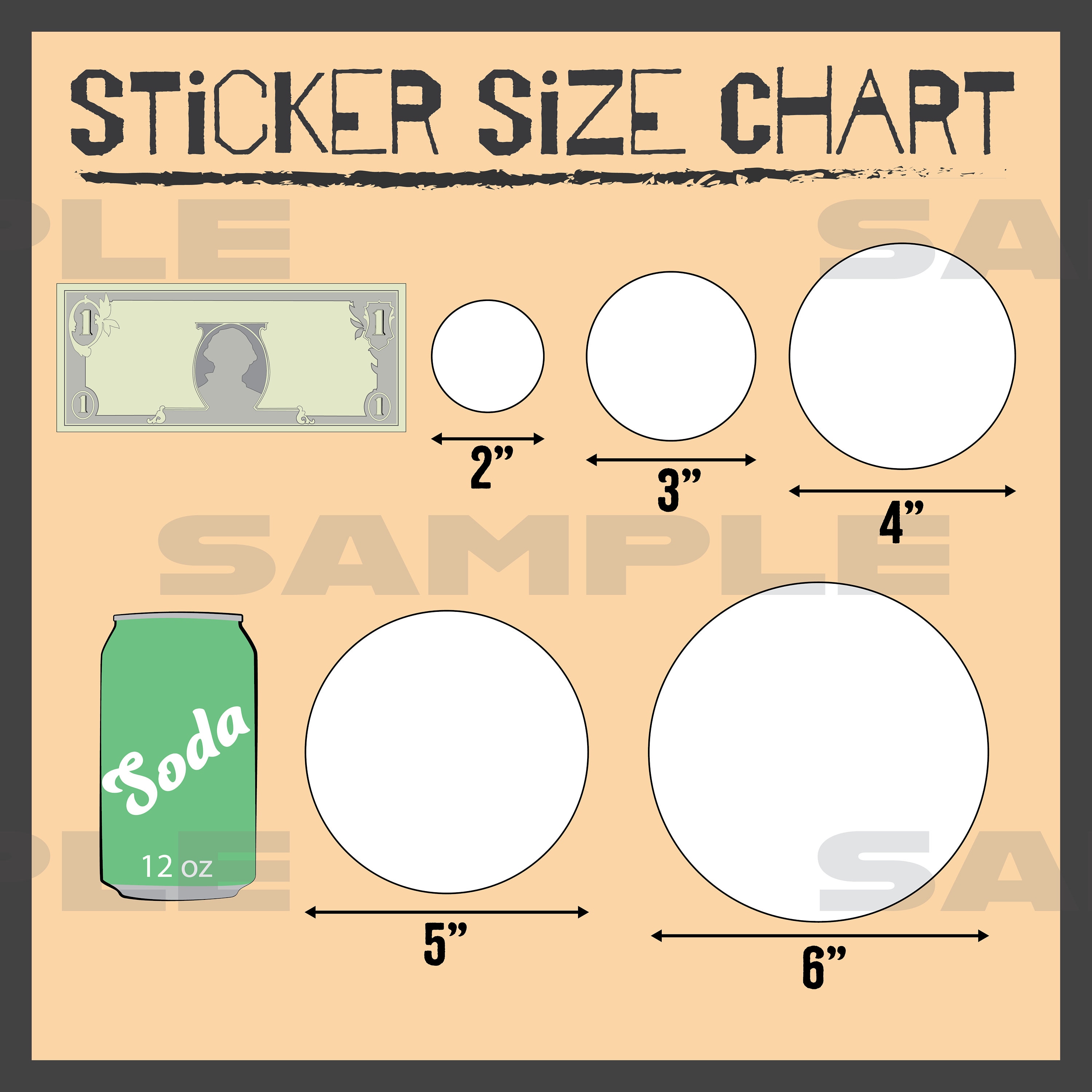 Sticker Size Chart Pack, Round or Square Stickers, Decals, Product Size ...