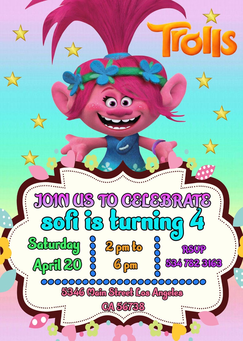 Trolls Birthday Invitation, Personalized, Printable Invitation With ...