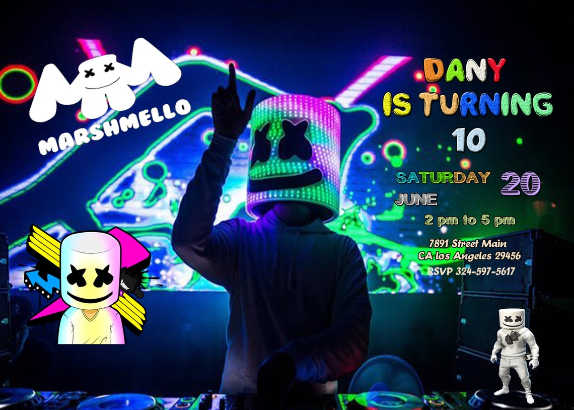 Marshmello Birthday Invitation, Personalized, Printable Invitation With ...