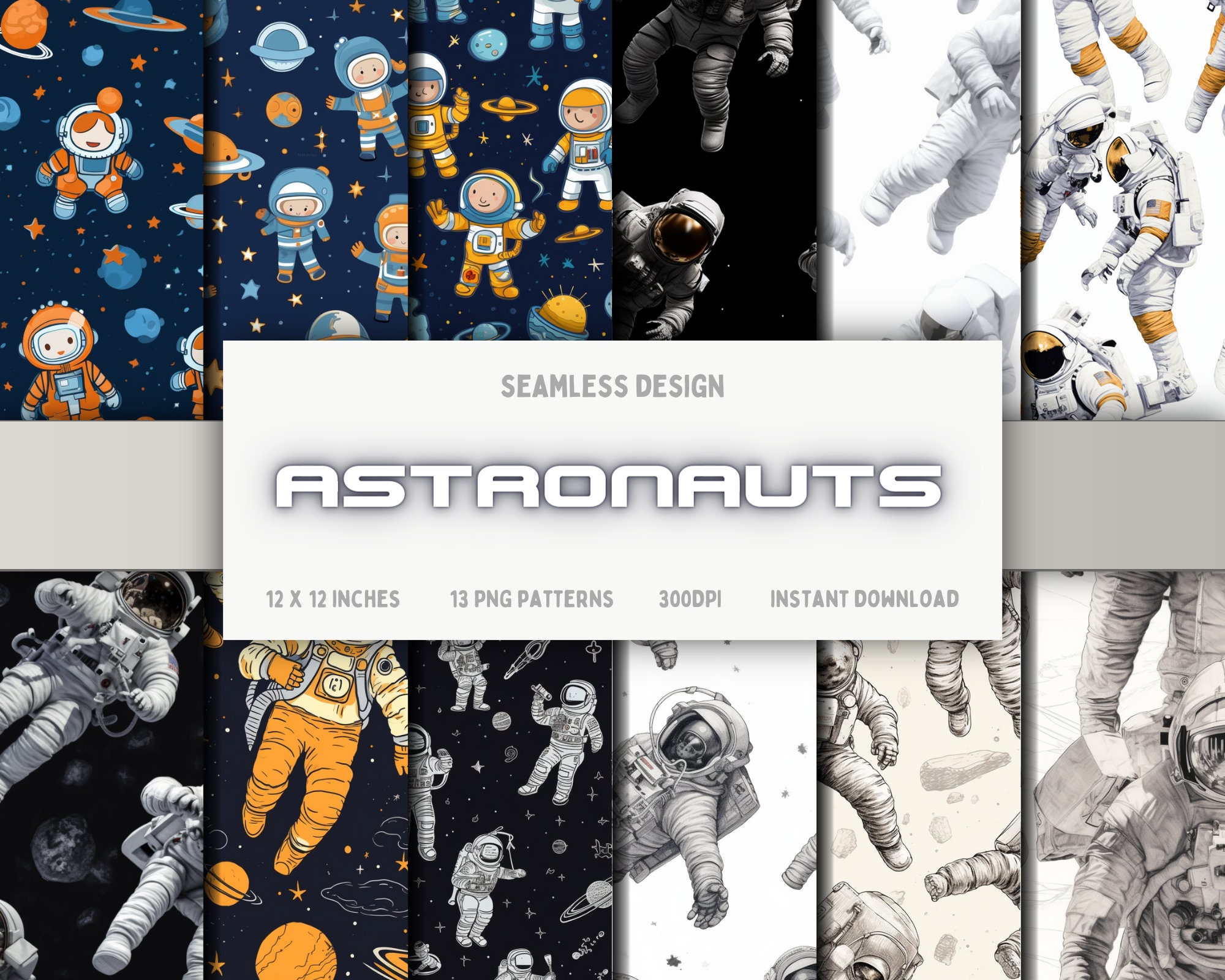 DIGITAL PAPER Astronauts Seamless Astronaut Designs Thirteen Colorful ...