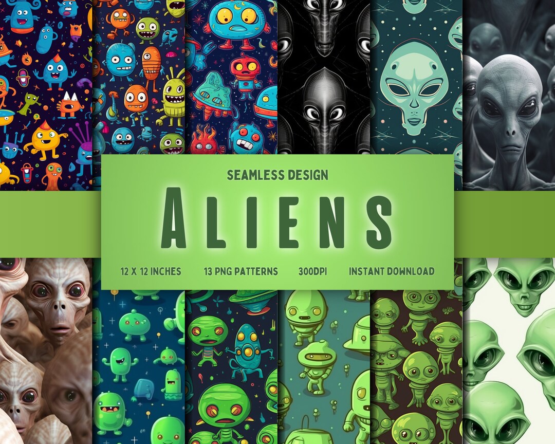 DIGITAL PAPER Aliens Seamless Alien Designs Thirteen Colorful Patterns ...