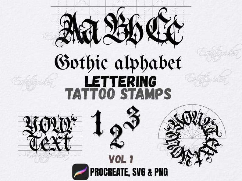 Gothic Alphabet Lettering Tattoo Stamps | Procreate Brushes | Gothic ...