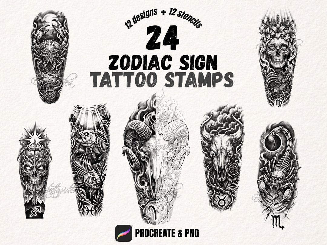 Zodiac Sign Tattoo Designs - Procreate Stamps | 12 Designs + 12 ...