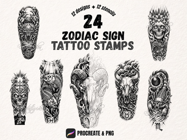 Zodiac Sign Tattoo Designs - Procreate Stamps | 12 Designs + 12 ...