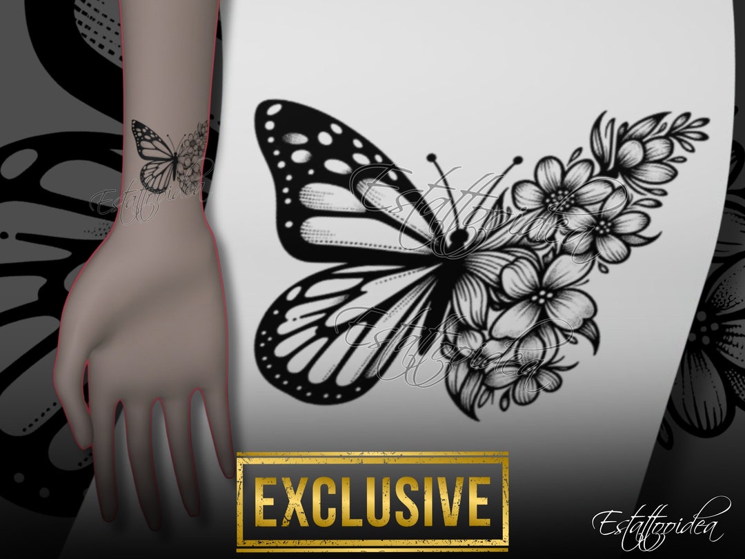 Butterfly Half Flowers Tattoo Design - Floral Butterfly Tattoo - Simple ...