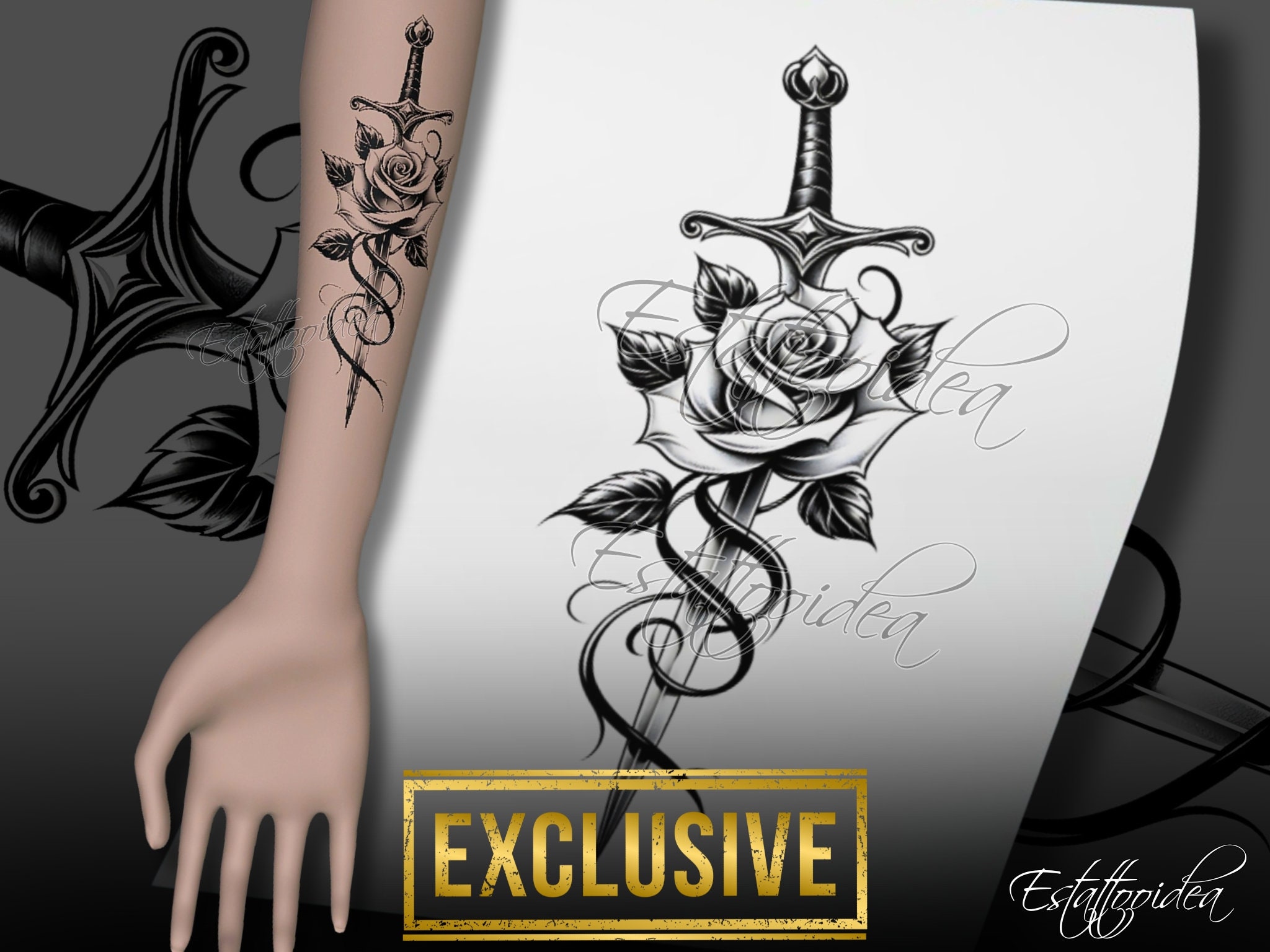 Elegant Rose and Sword Tattoo Design Unique Floral Sword Ink Art ...
