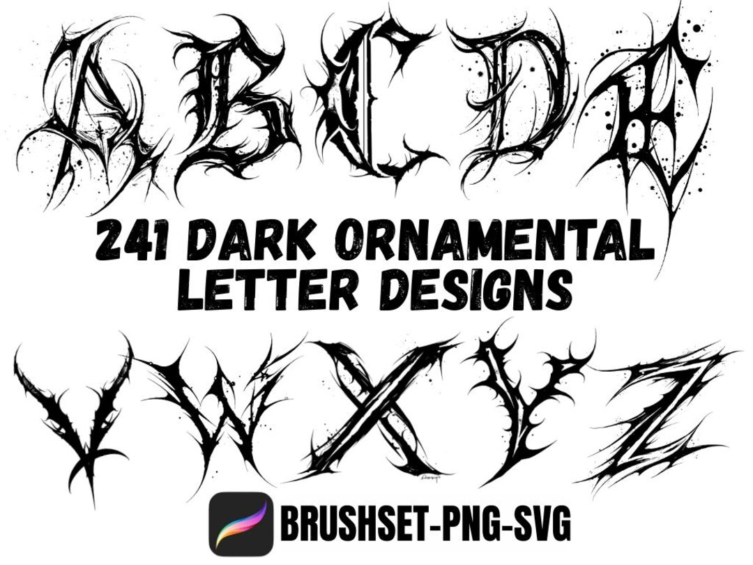 241 Dark Ornamental Tattoo Lettering Procreate Brushes | Alphabet ...