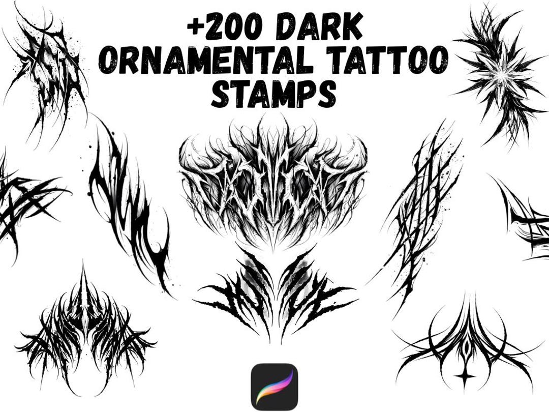 226 Dark Ornamental Tattoo Procreate Brushes | Brutal Blackwork Stamps ...