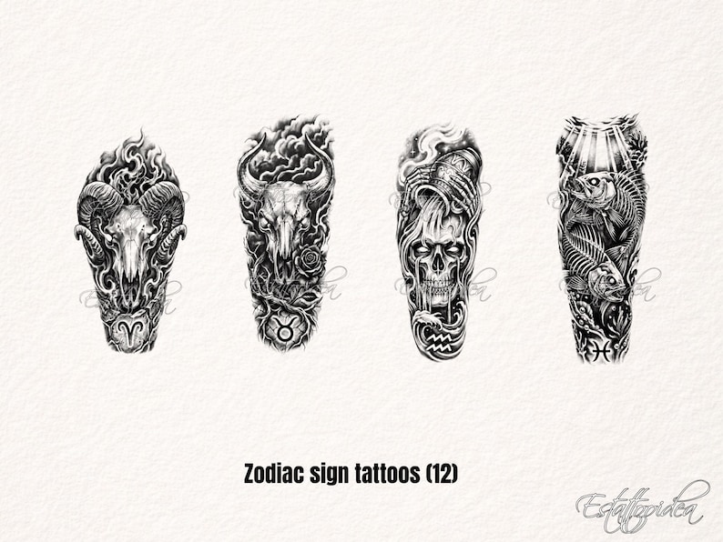 Zodiac Sign Tattoo Designs - Procreate Stamps | 12 Designs + 12 ...