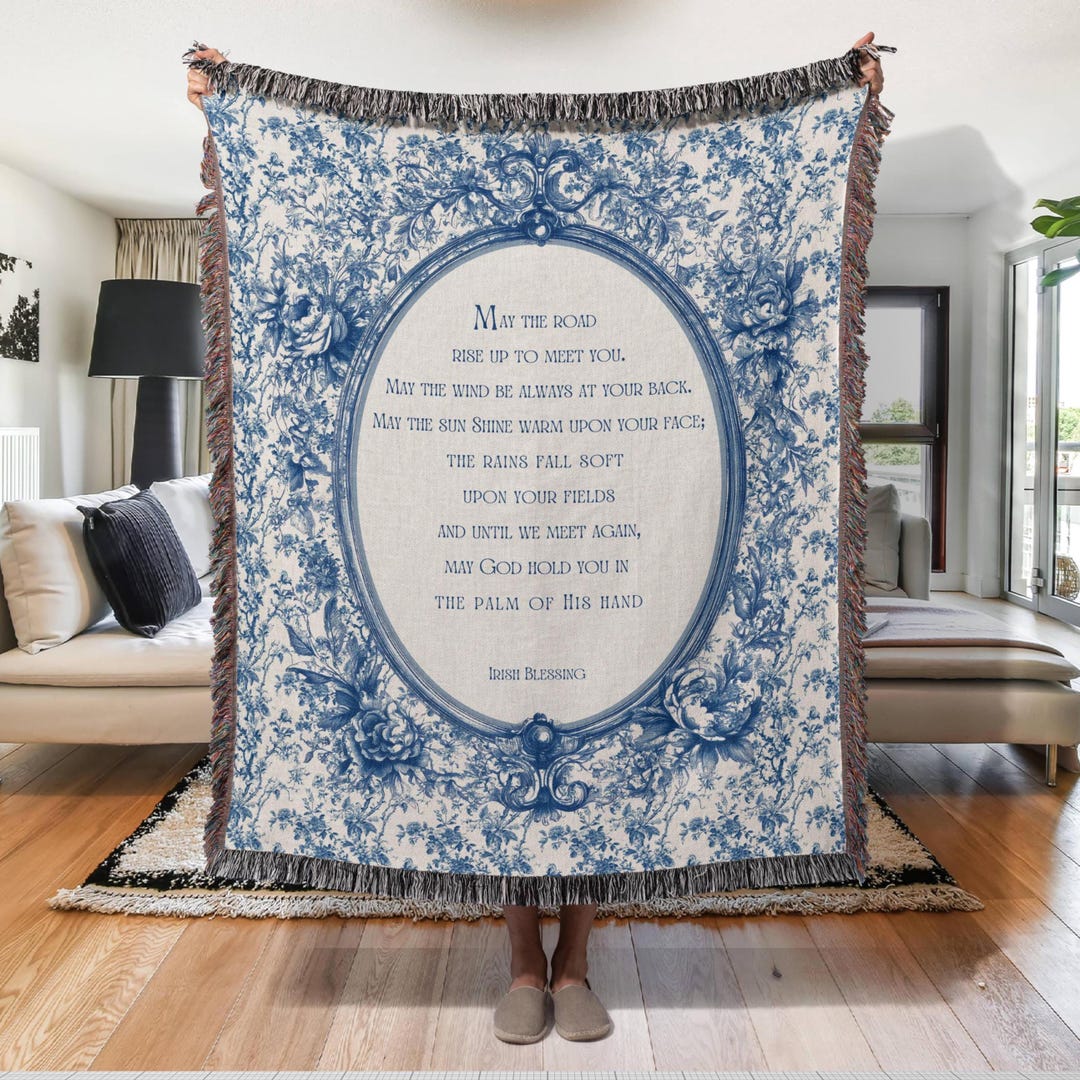 Woven Blanket Irish Blessing Throw Blanket Blue Toile De Jouy Woven ...