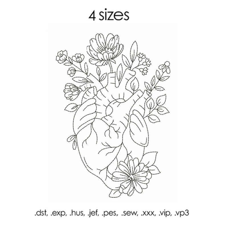 Anatomical Heart Embroidery File, 4 Sizes, EKG Pes, Medical Embroidery ...
