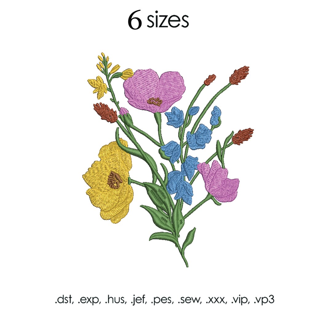 Wildflower Embroidery File, Machine Embroidery, 8 Sizes, Flower Bouquet ...