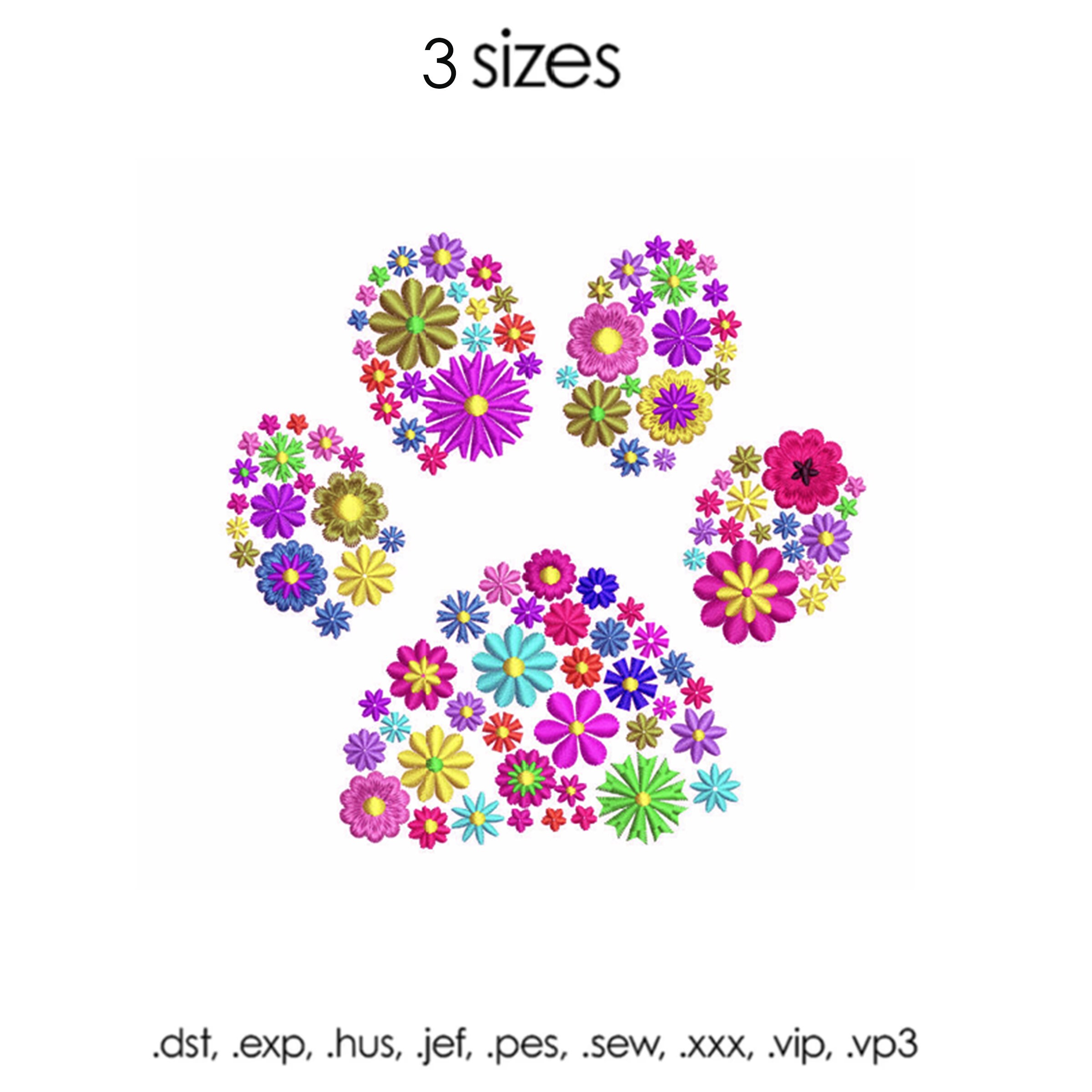 Floral Paw Print Machine Embroidery Design, 3 SIZES Pes, Dog Embroidery ...