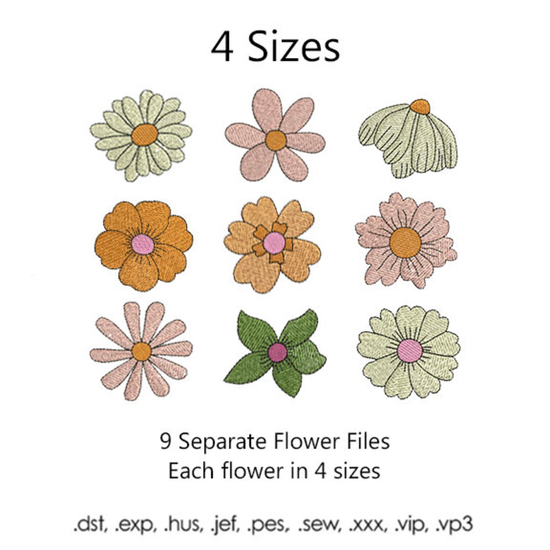 Retro Flowers Embroidery File, Machine Embroidery, 4 Sizes, Flower ...