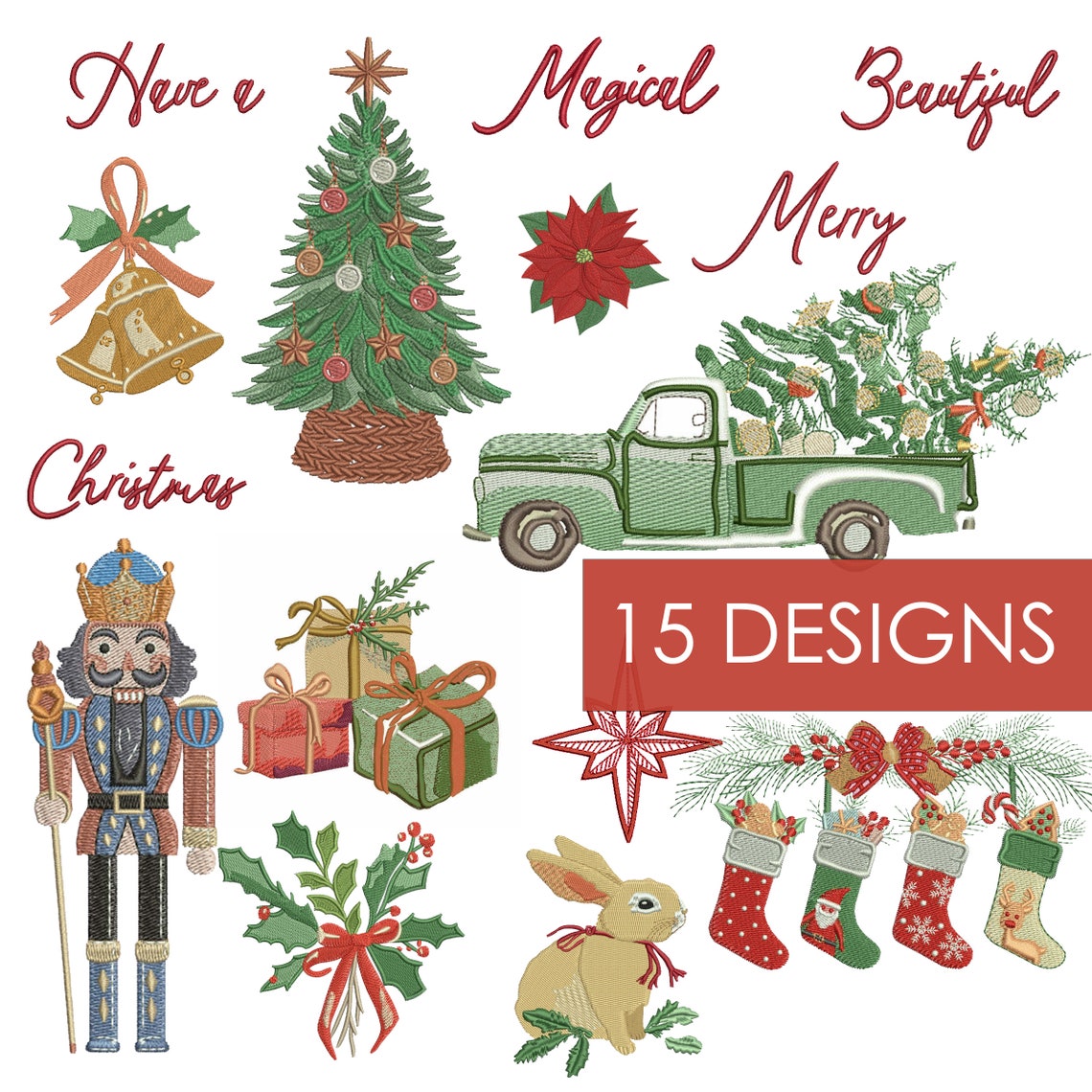 Merry Christmas Truck Embroidery File, 15 Designs, Christmas Pes ...