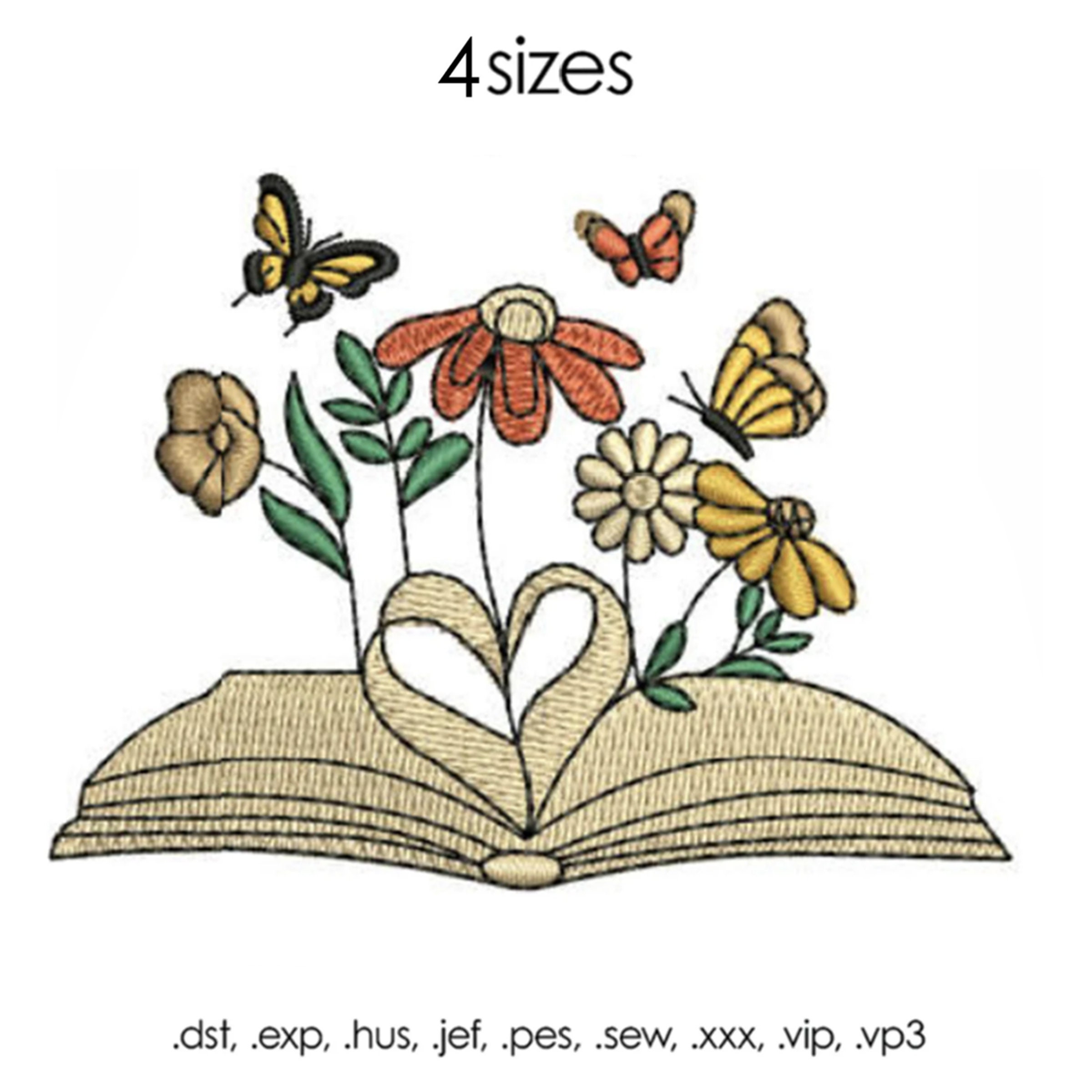 Floral Book Embroidery Design, 4 Sizes, Instant Download Reading ...