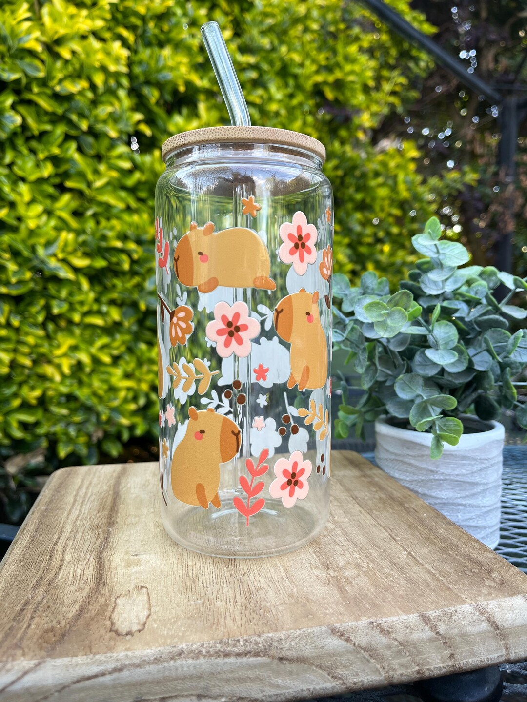 Capybara Floral Glass Cup, 20oz Glass Can With Lid & Straw - Cute Gift ...