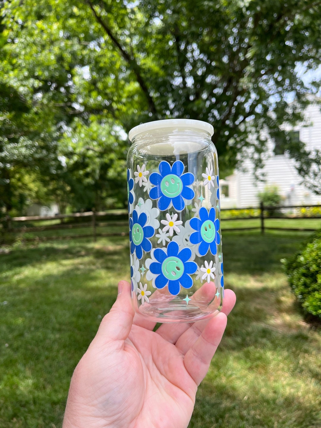 Blue Daisy Flower Glass Cup, Iced Coffee Cup With Lid and Straw - Etsy