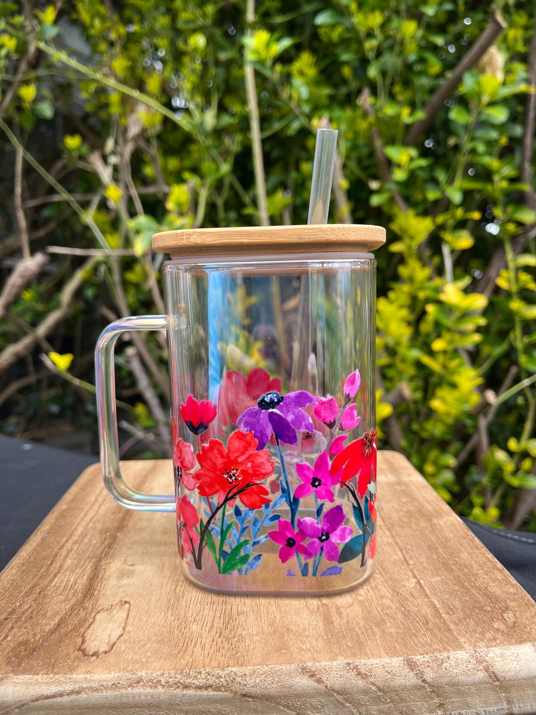 20oz Flower Design Coffee Mug, Iridescent Glass Mug With Lid and Straw ...