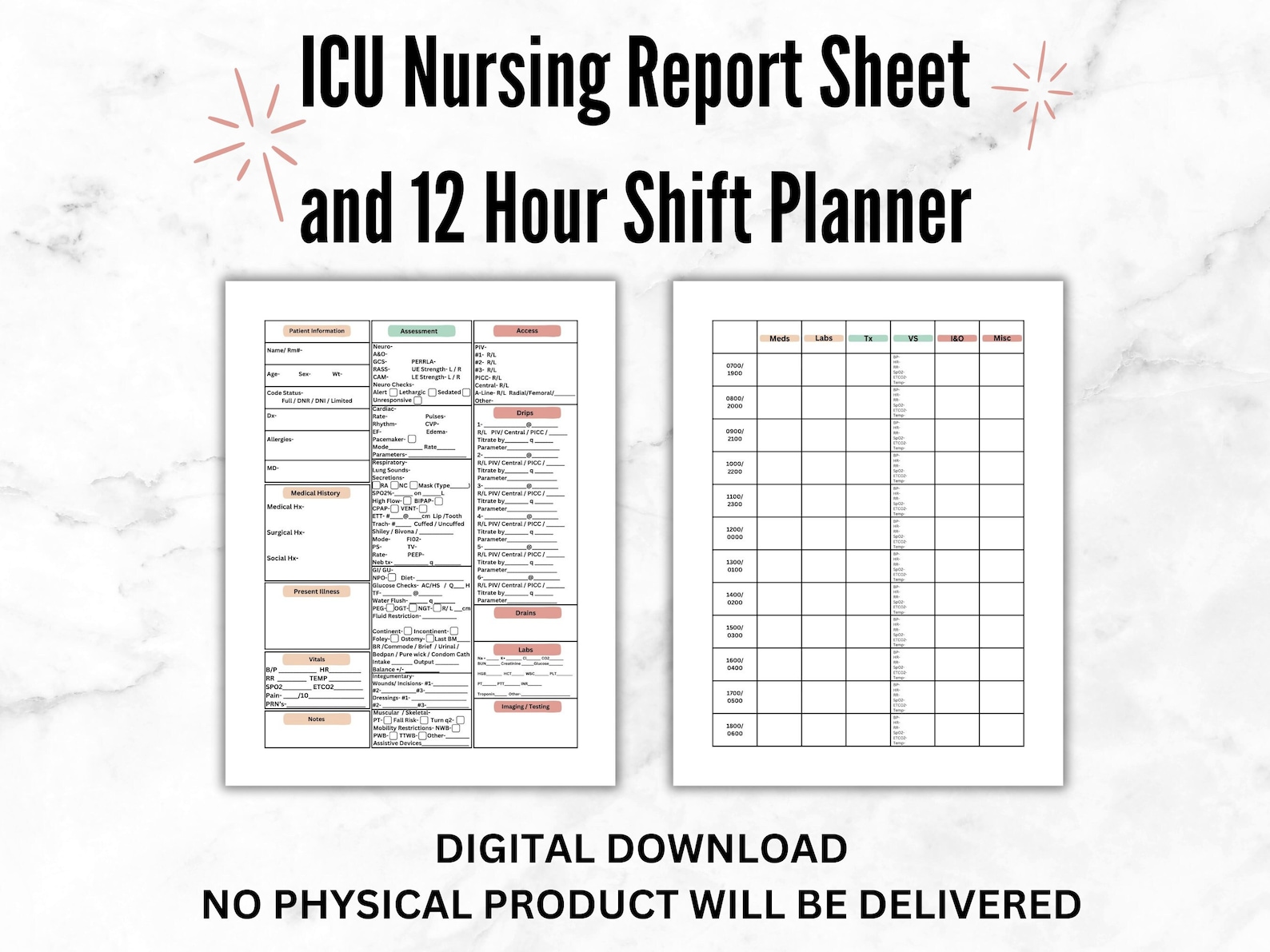 ICU Nursing Report Sheet and 12 Hour Shift Planner, ICU Report Sheet ...