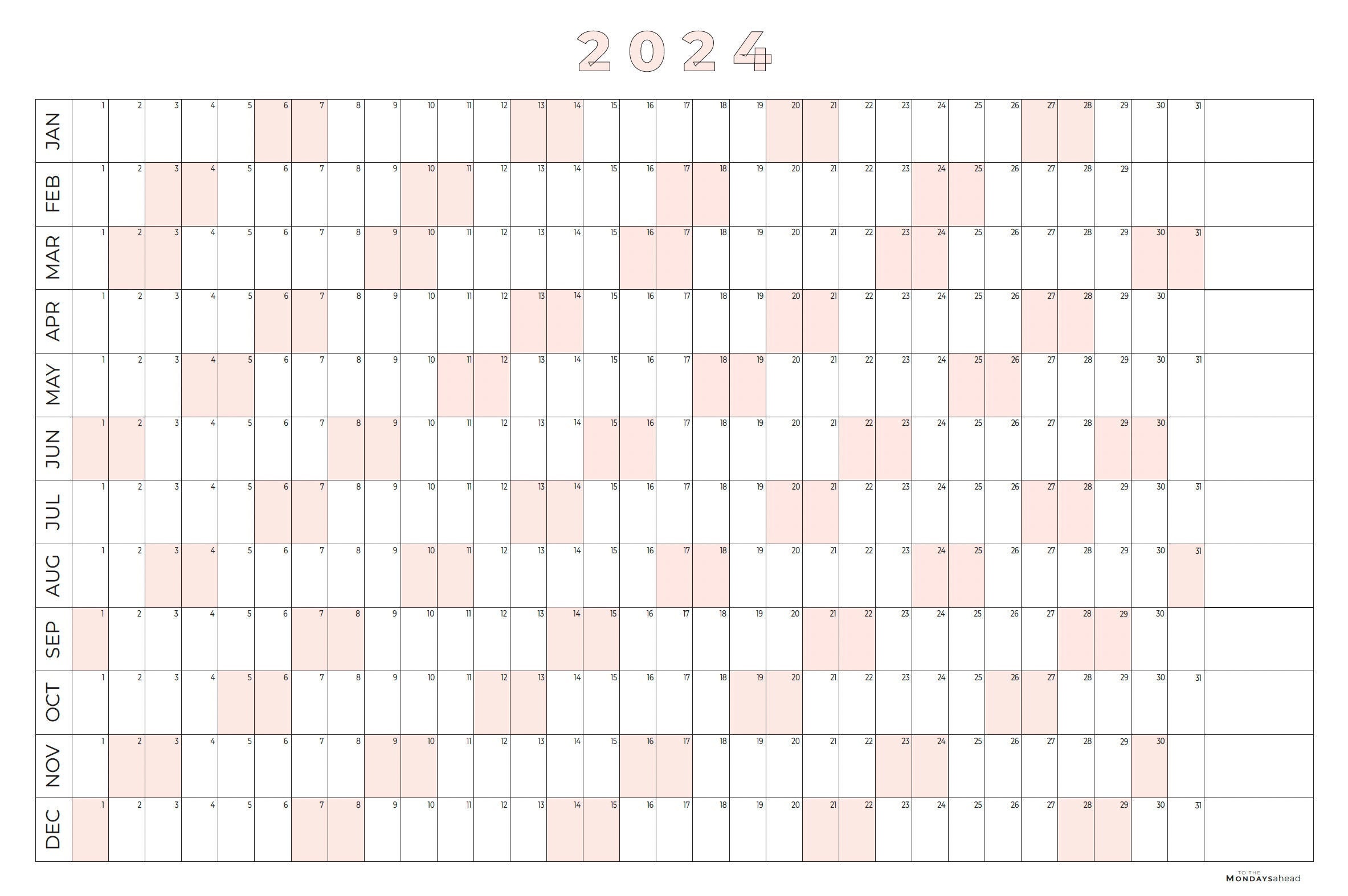 2024 Printable Wall Calendar Planner Black Font Horizontal Landscape ...