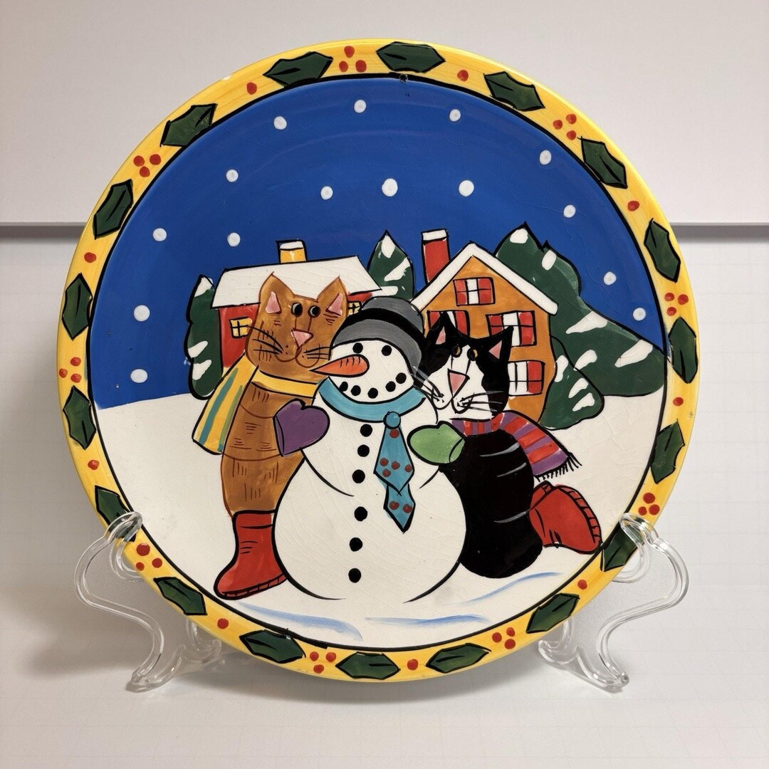 2002 Catzilla Cat Snowman Plate 8" Hand Painted Candace Reiter ...