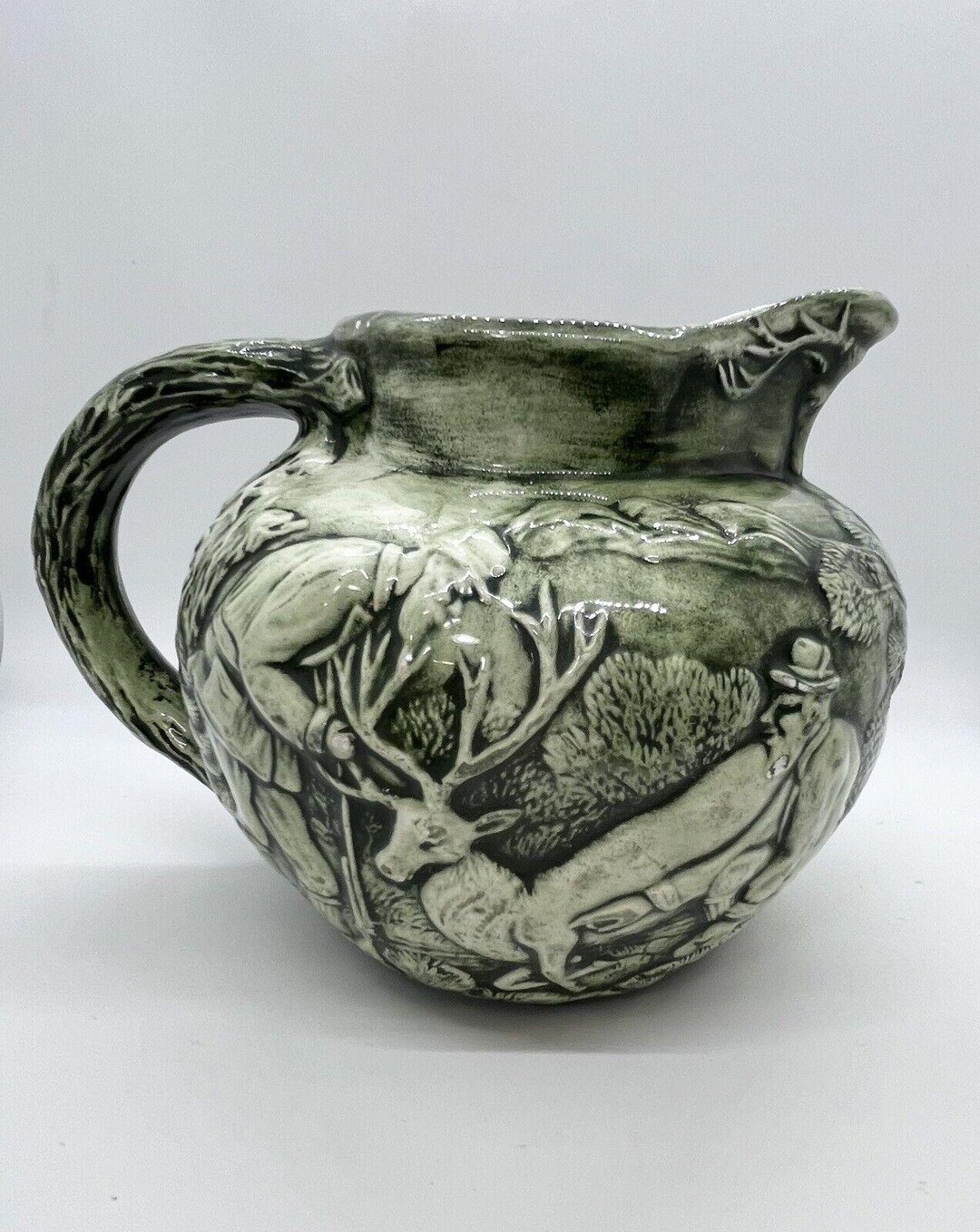 Antique Green Glazed Pitcher Hunting Scene Deer Crazing Chips From Age ...