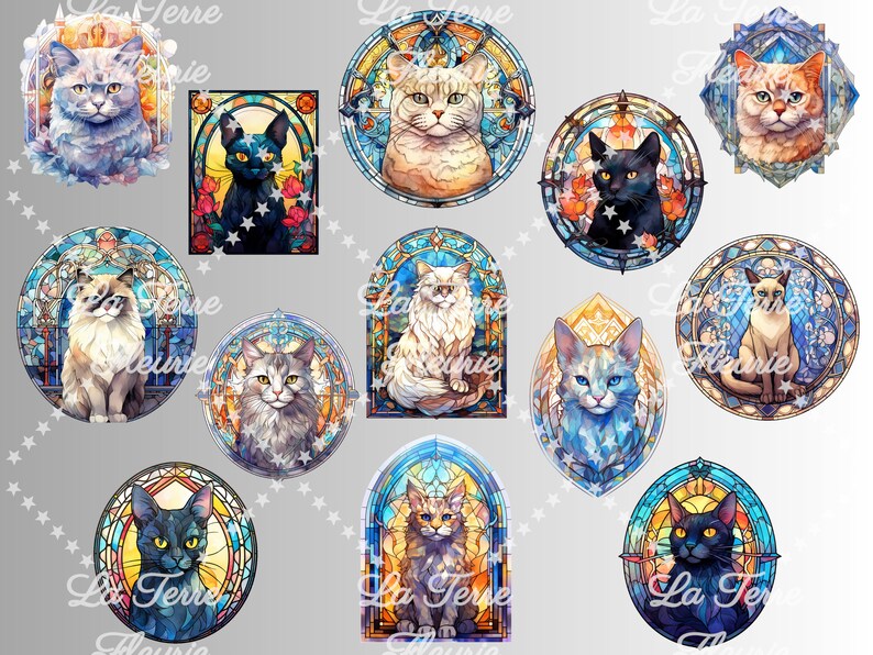 25 Stained Glass Cat Mystical Fantasy Transparent Background Clipart ...
