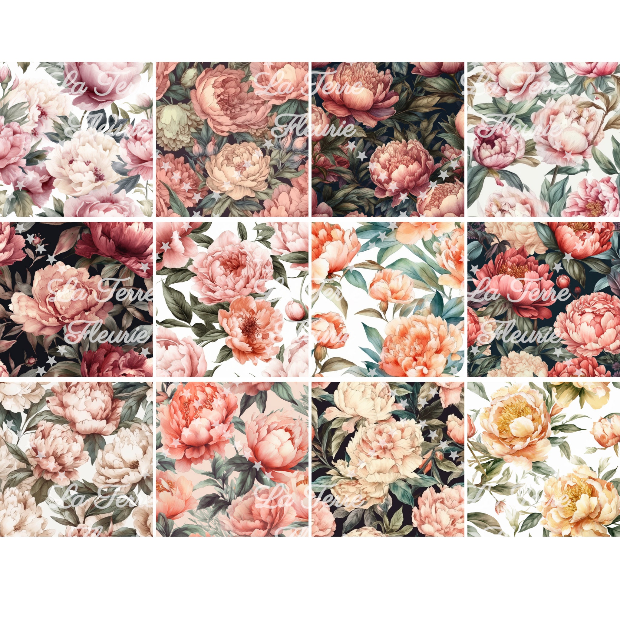 Peony Floral Watercolor Digital Paper: Seamless Pattern (digital ...