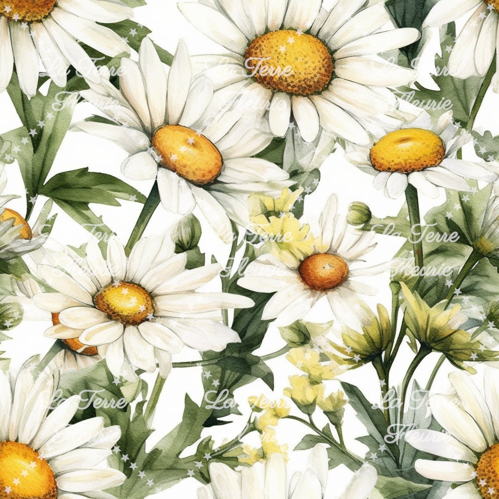 12 Daisy Watercolor Floral Digital Paper 4096x4096 300DPI SEAMLESS ...