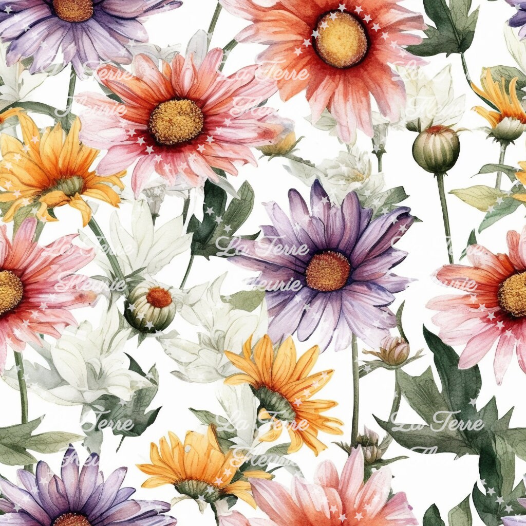 12 Daisy Watercolor Floral Digital Paper 4096x4096 300DPI SEAMLESS ...