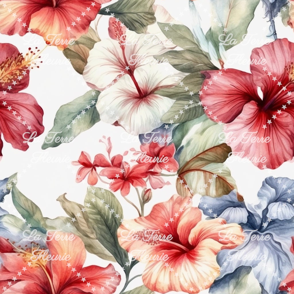 Hibiscus Watercolor Floral Digital Paper: Seamless Pattern (digital ...