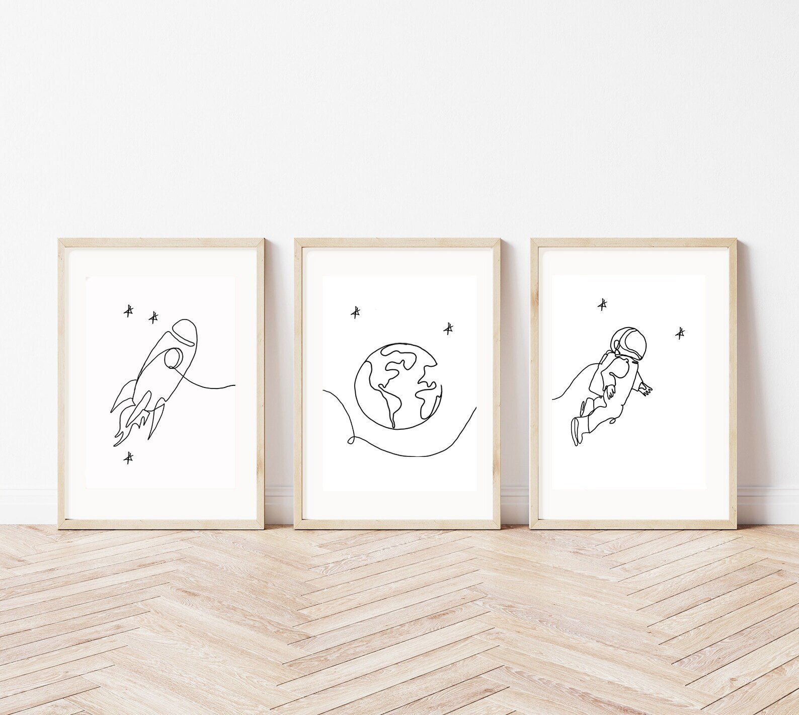 Set of 3 Space Astronaut Décor Kids Line Art Planet Art Rocket Ship ...