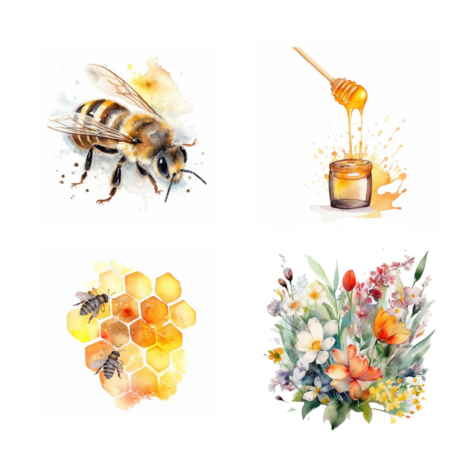 Honey Bee Clipart Watercolor Bundle for Spring Clipart Flowers Floral ...