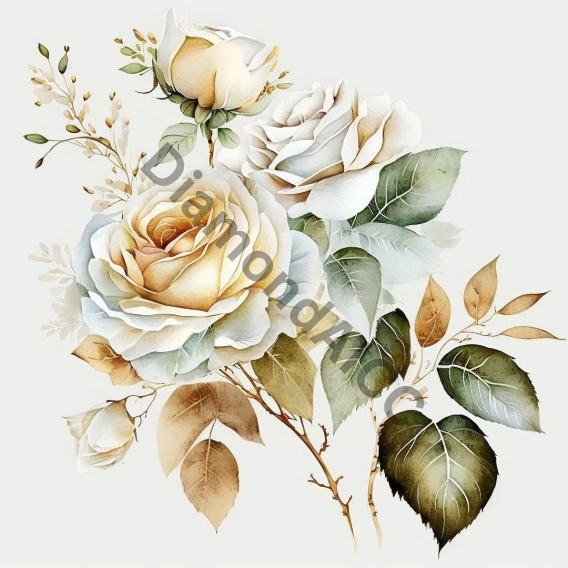 White and Gold Rose Clipart for Spring Watercolor Clipart for Summer ...