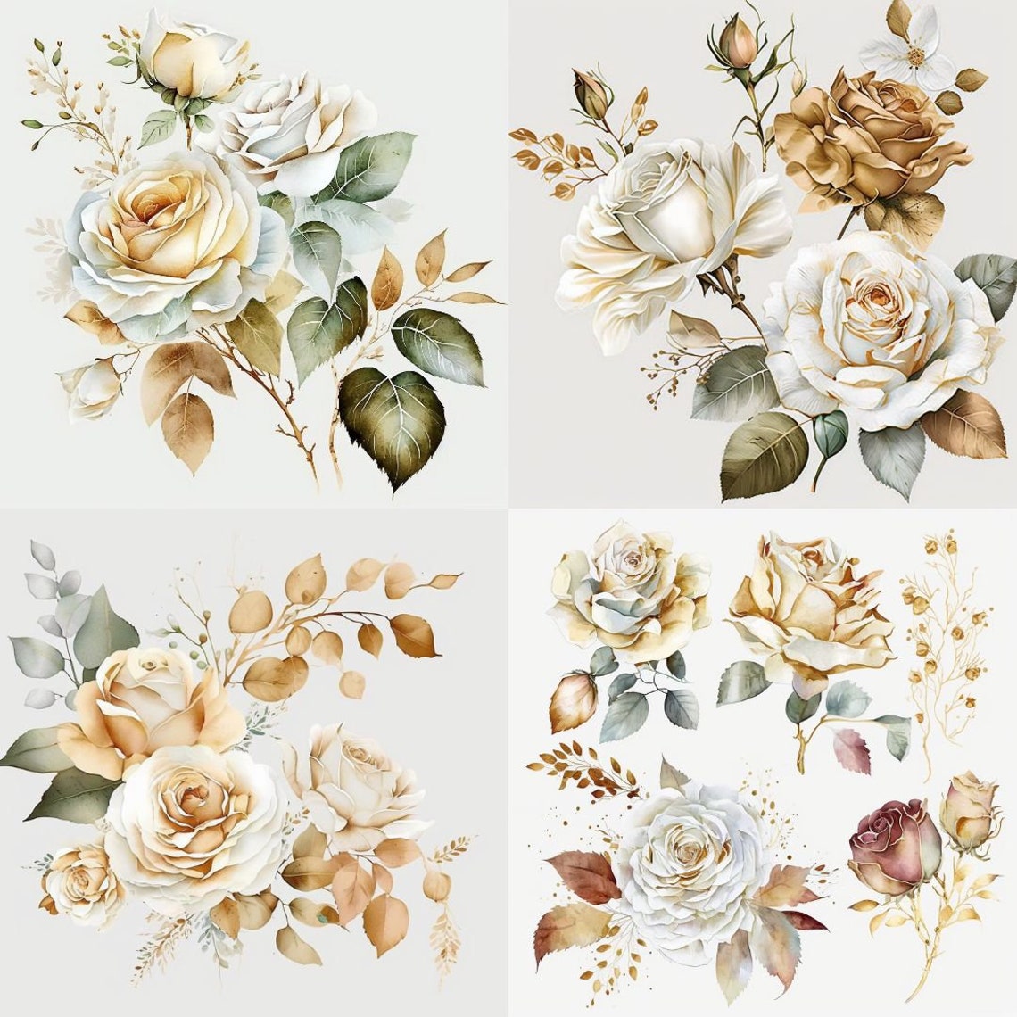 White and Gold Rose Clipart for Spring Watercolor Clipart for Summer ...