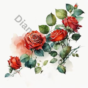 Red Roses Watercolor Clipart for Spring Floral Clipart for Wedding ...