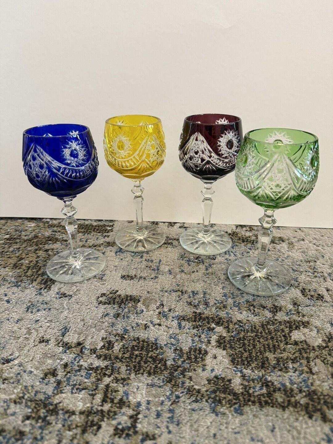 Ajka Crystal Cut Glass Set of 4 Multi-colored Wine Glasses EUC No Chips ...