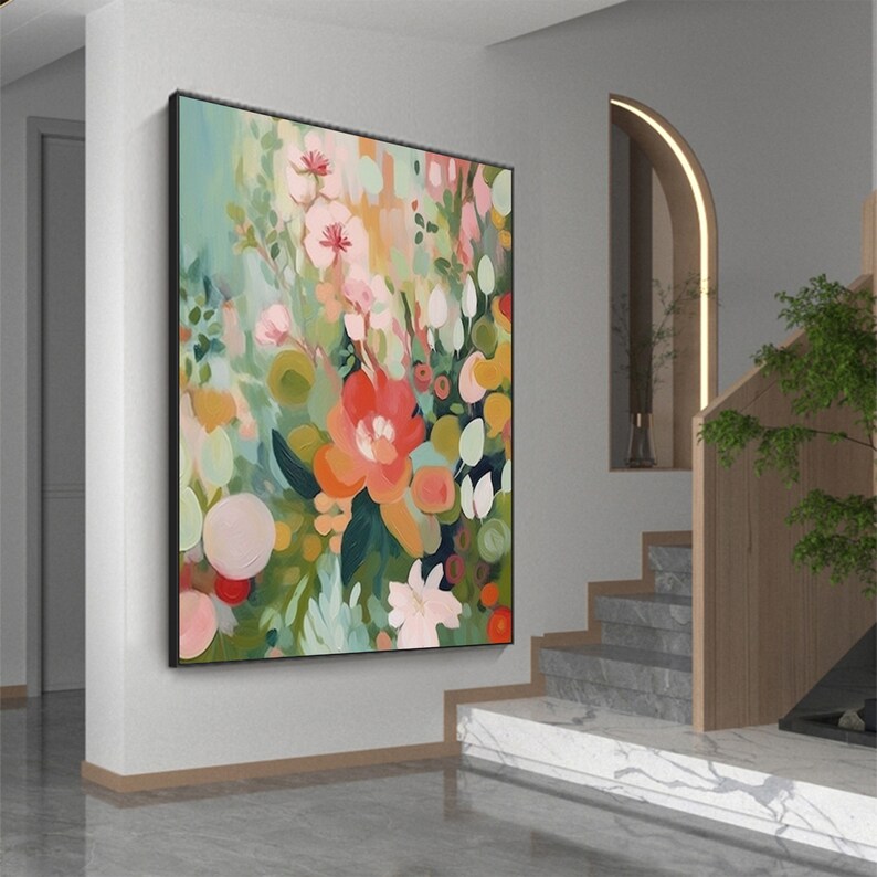 Original Oil Painting on Canvas, Abstract Green Flowers Painting, Large ...