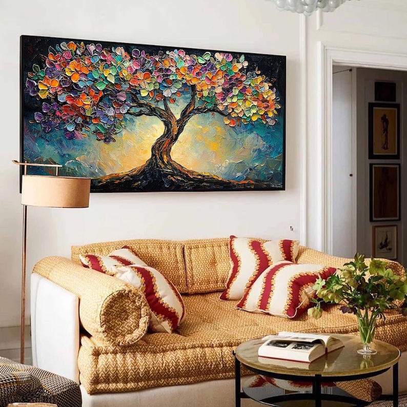 Original Colorful Tree Oil Painting on Canvas, Large Abstract Colorful ...