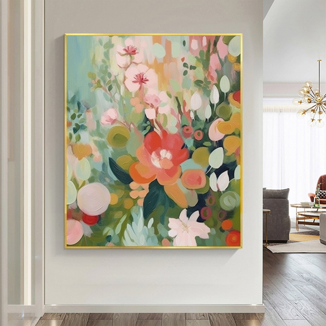 Original Oil Painting on Canvas, Abstract Green Flowers Painting, Large ...