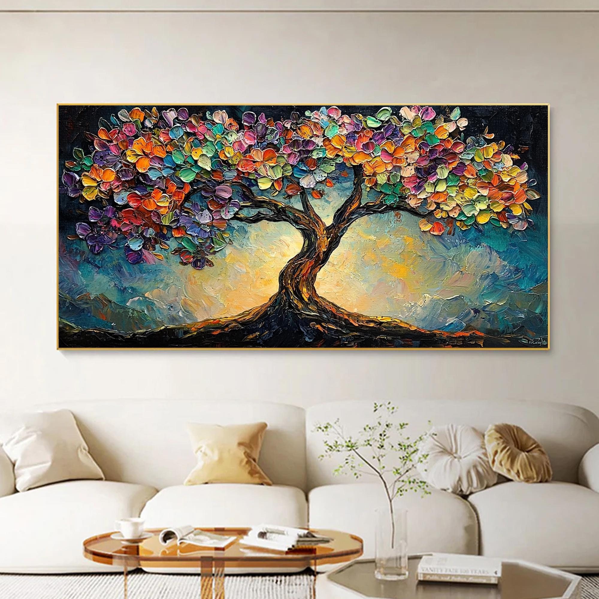 Original Colorful Tree Oil Painting on Canvas, Large Abstract Colorful ...